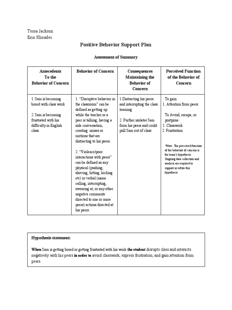 Positive Behavior Support Plan: Tessa Jackson Erin Rhoades | PDF ...