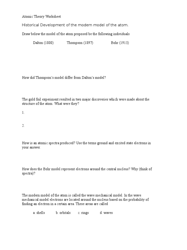 Atomic Theory Worksheet | PDF | Atoms | Atomic Nucleus