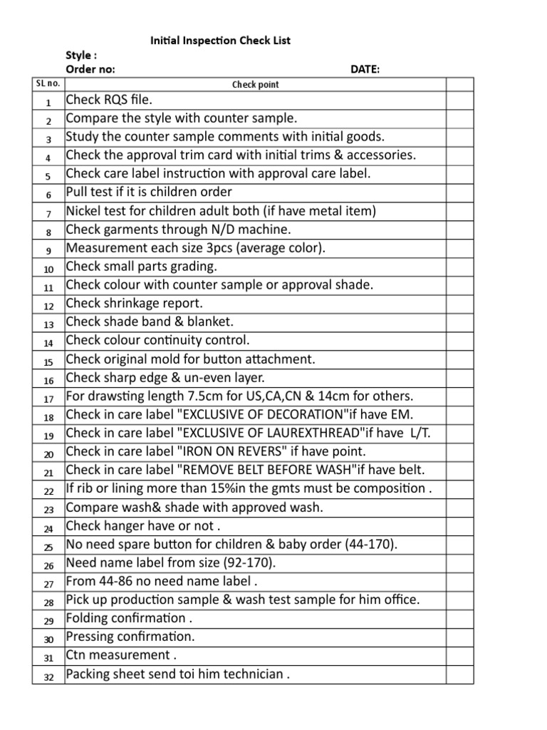 Initial Inspection Check List Style: Order No: Date | PDF