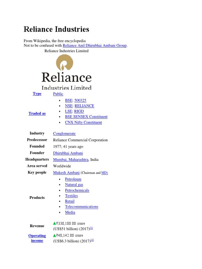 Reliance Industries: From Wikipedia, The Free Encyclopedia Not To Be ...