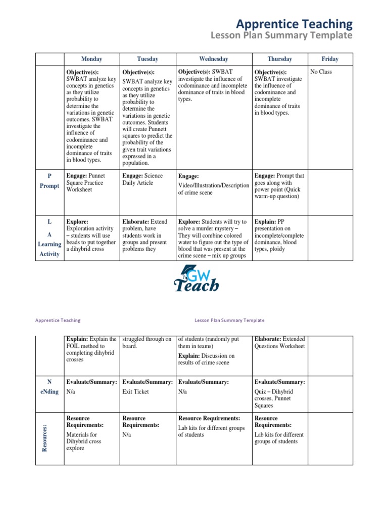 Apprentice Teaching: Lesson Plan Summary Template | PDF | Lesson Plan ...