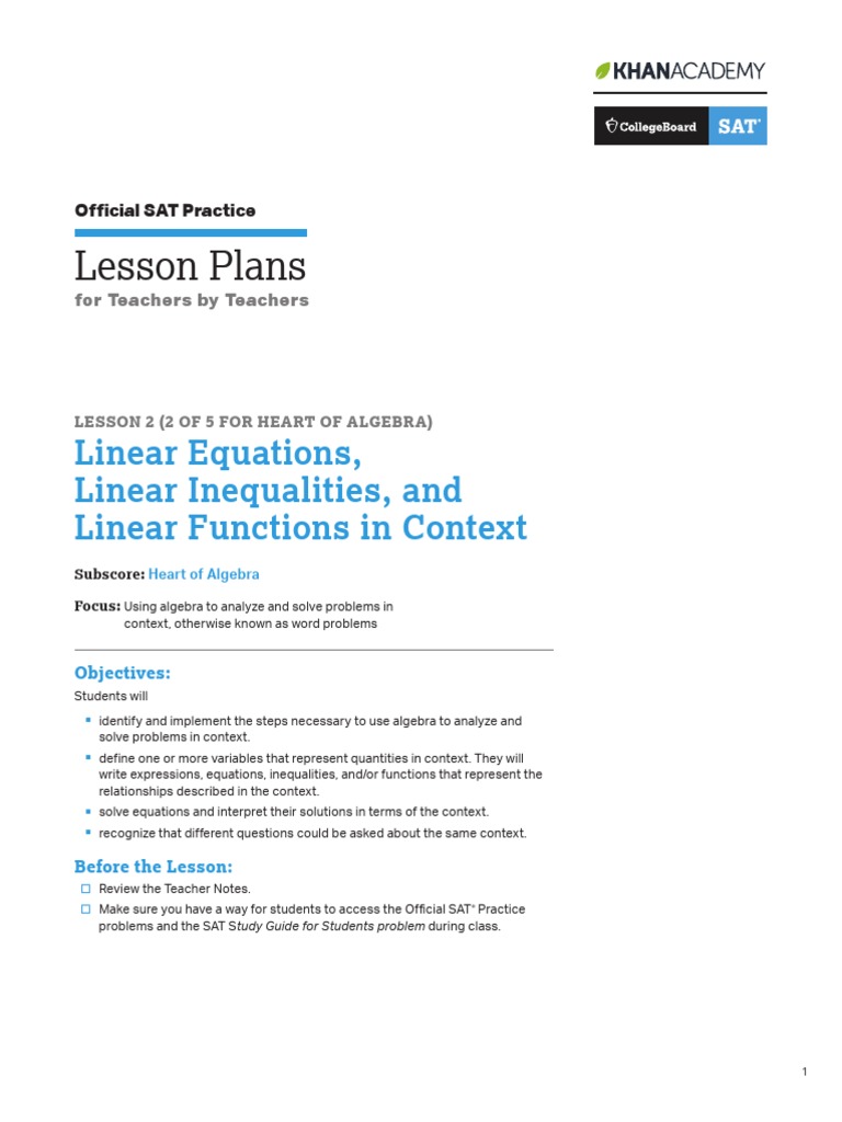 PDF Official Sat Practice Lesson Plan Math Linear Equations Part Two ...