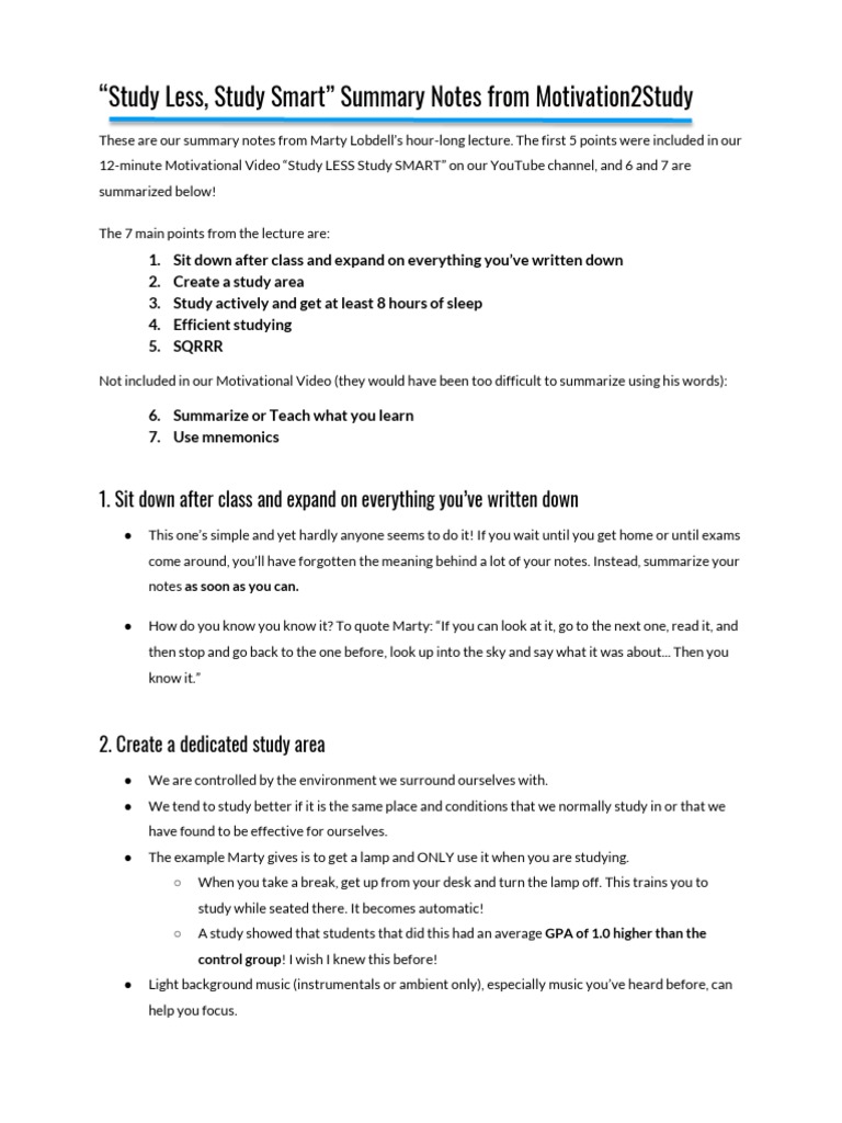 Study Less Study Smart Motivation2study Summary | PDF | Sleep | Mnemonic