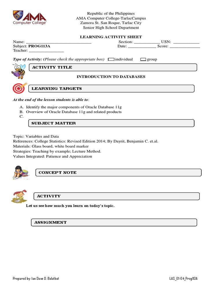 Introduction to Databases: A Learning Activity Sheet on the Components ...