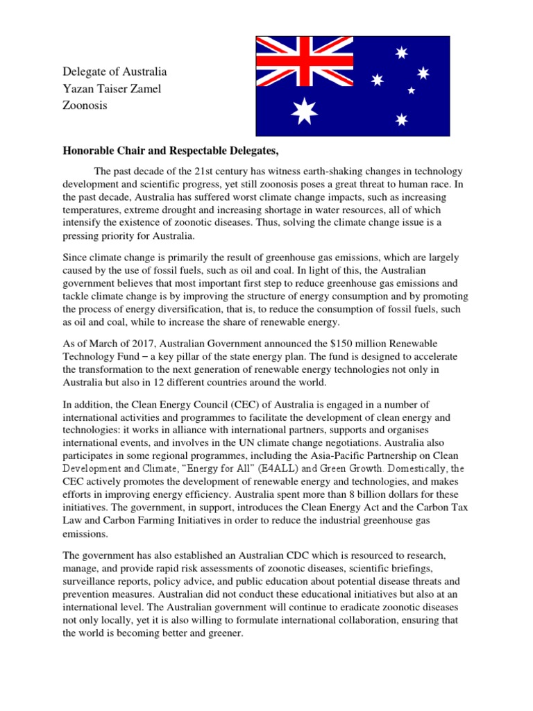Delegate of Australia Yazan Taiser Zamel Zoonosis: Honorable Chair and ...