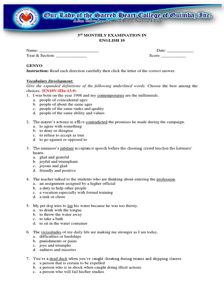 3 Monthly Examination in English 10: Vocabulary Development | PDF