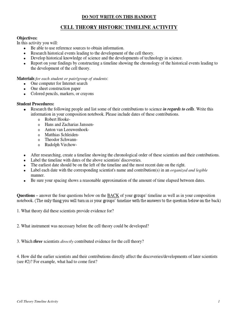 Cell Theory Historical Timeline Activity | PDF | Biology | Science