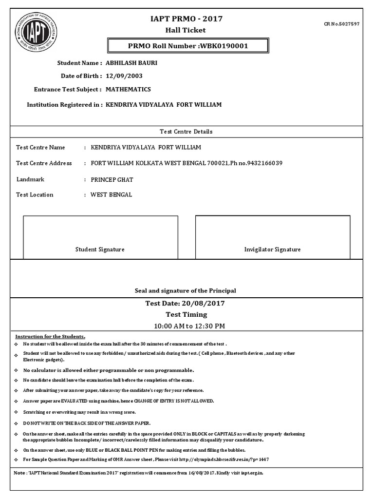 Hall Ticket Documents for the IAPT PRMO Mathematics Entrance ...