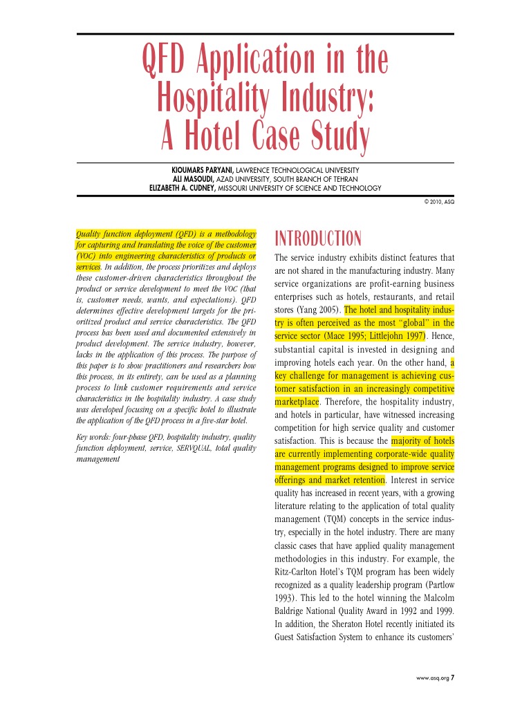 QFD Application in The Hospitality Industry Hotel Case Study | PDF ...