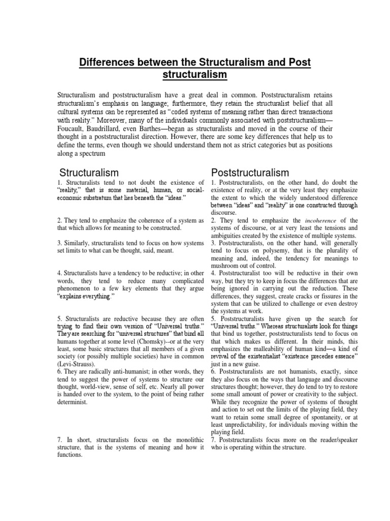 Differences Between The Structuralism and Post Structuralism | PDF | Discourse | Postmodernism