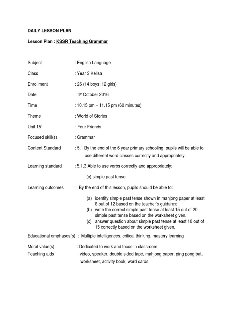 Year 3 Grammar Lesson Plan: Past Tense | PDF | Lesson Plan ...