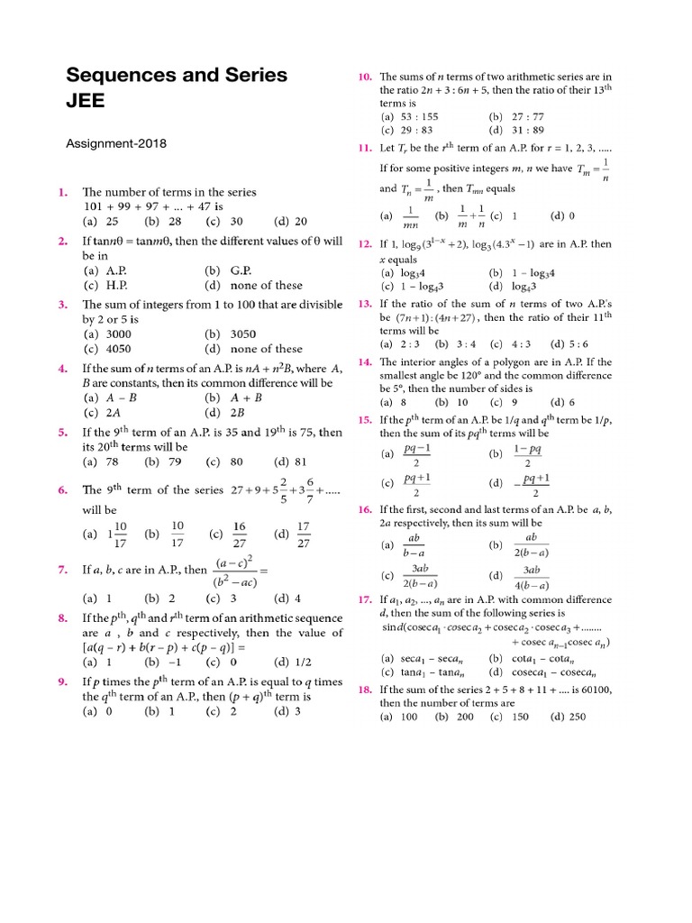 Sequences and Series JEE: Assignment-2018 | PDF
