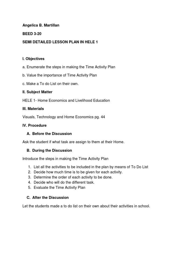 HELE 1 Lesson Plan: Time Activity Planning | PDF