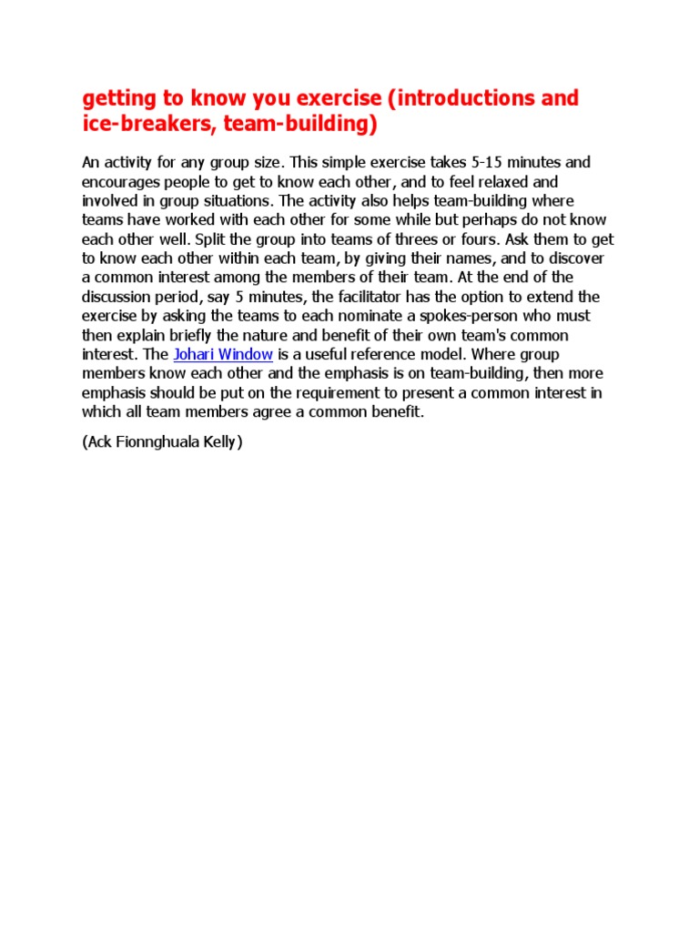 Getting To Know You Exercise (Introductions and Ice-Breakers, Team ...