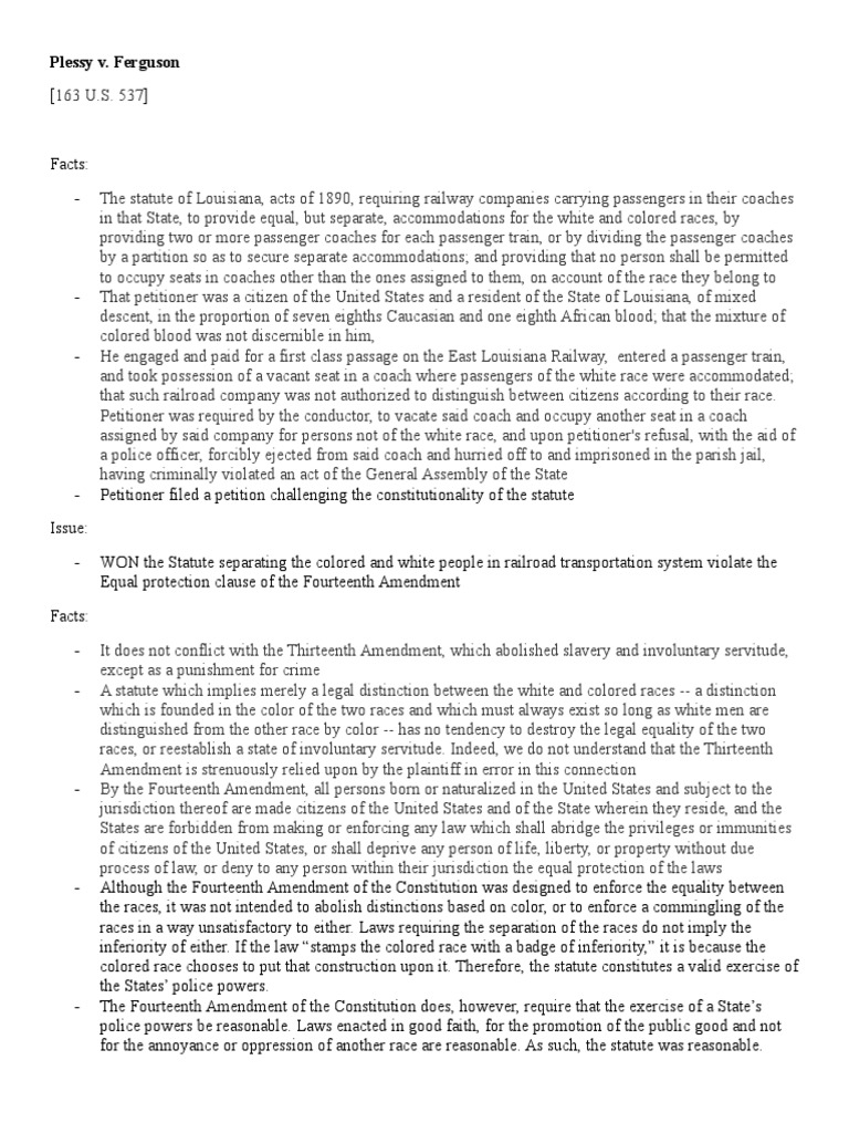 Plessy V Ferguson Case Digest | PDF | Plessy V. Ferguson | Litigation