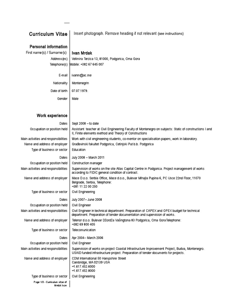 Europass CV Template | PDF | Montenegro | Civil Engineering