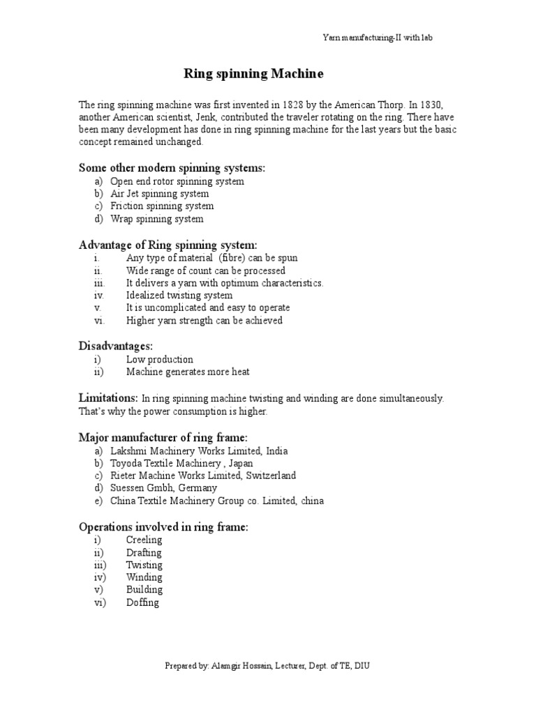 Ring Spinning Machine | PDF | Spinning (Textiles) | Spindle (Textiles)