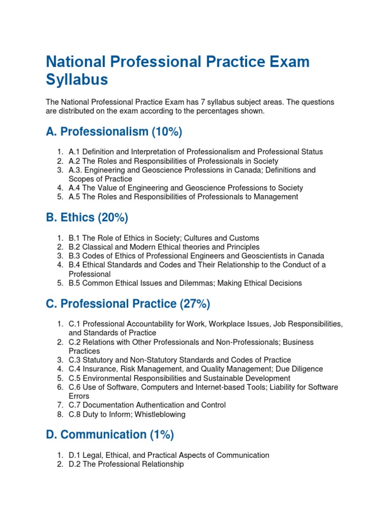 National Professional Practice Exam Syllabus: A. Professionalism (10% ...
