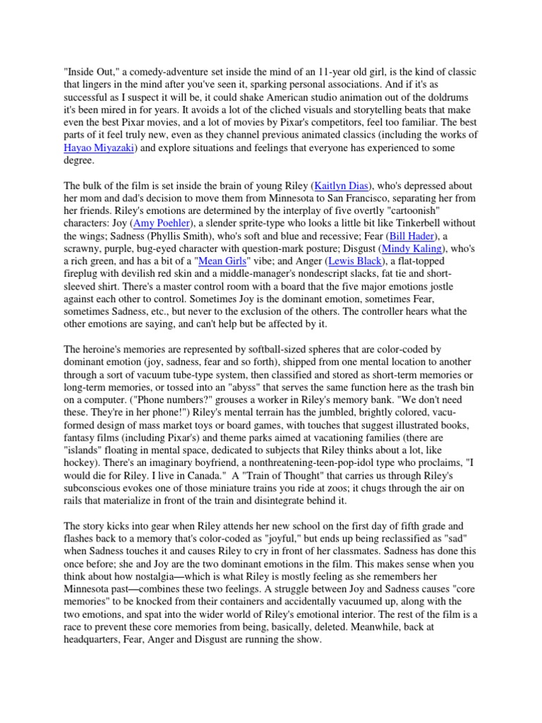 Inside Out Story | PDF | Cognitive Science | Psychological Concepts