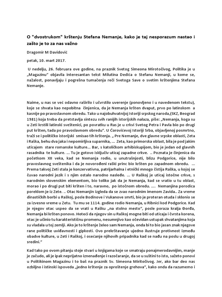 Nemanjino Dvostruko Krstenje | PDF
