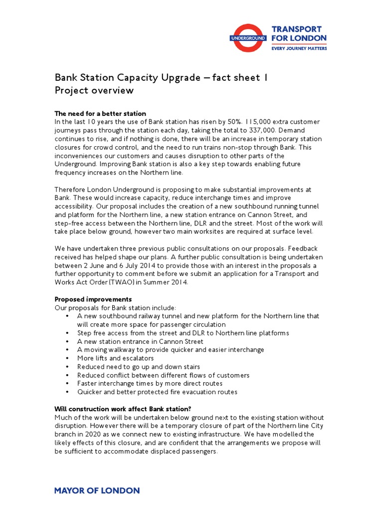 Bank Station Capacity Upgrade - Fact Sheet 1 Project Overview | PDF ...