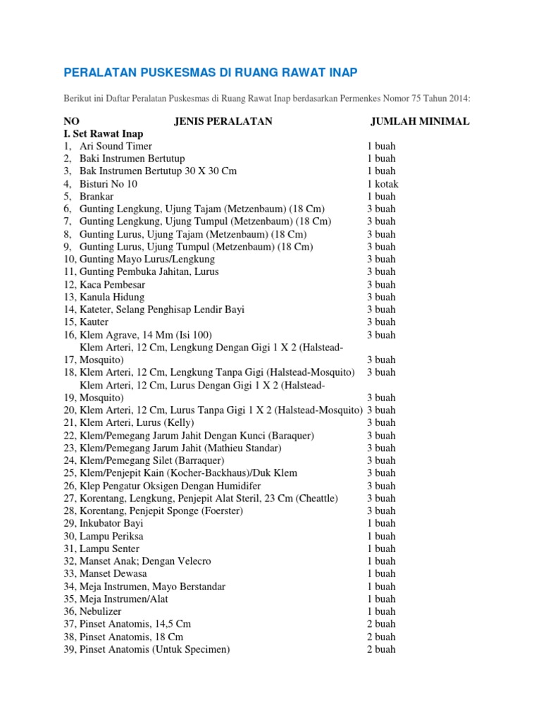 Peralatan Puskesmas Di Ruang Rawat Inap | PDF