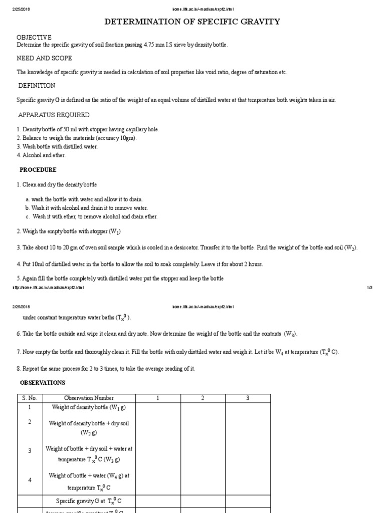 Determination of Specific Gravity: Objective Need and Scope | PDF ...