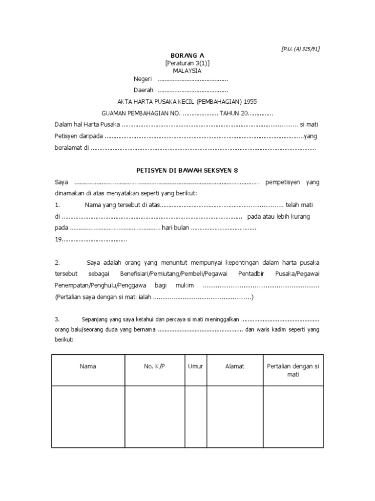 Borang A Permohonan Awal (Seksyen 8) 1 | PDF