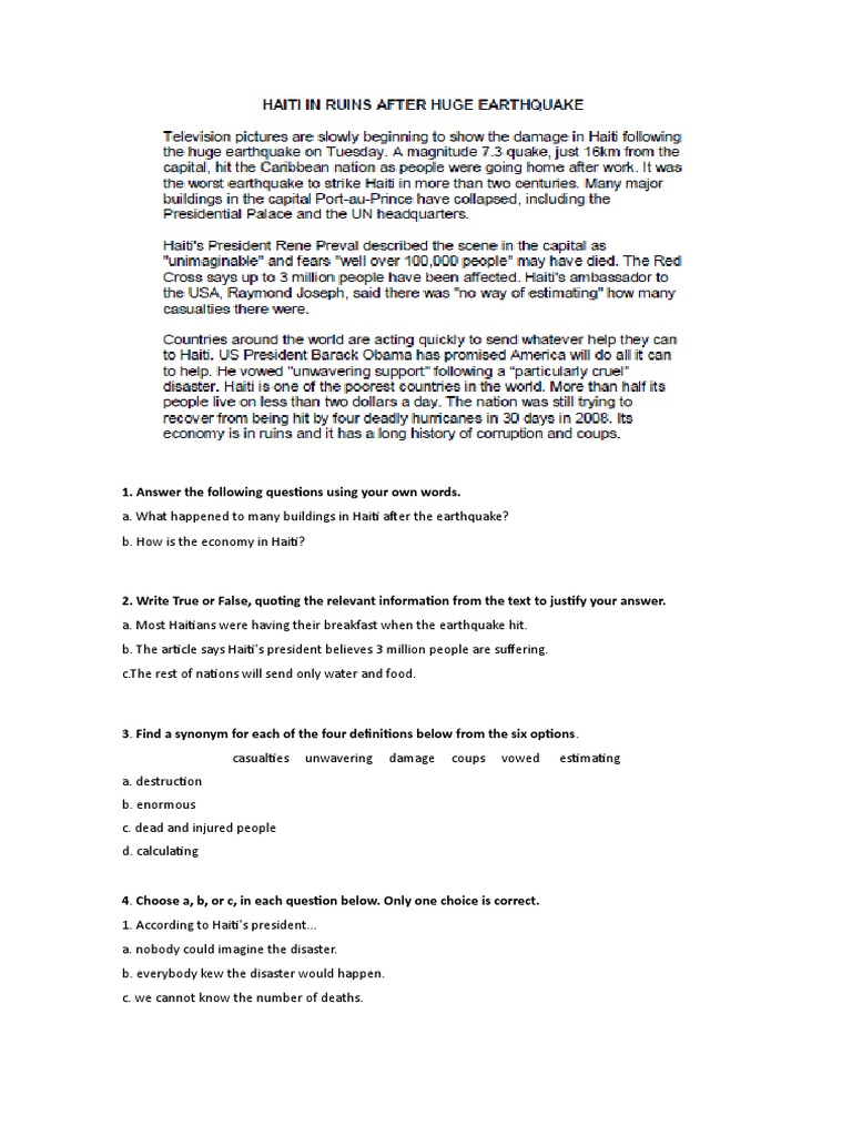 Reading Comprehension: Haiti Disaster | PDF | Social Science