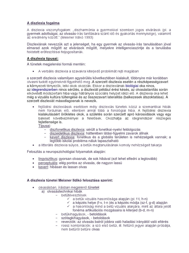 Diszlexia Fogalma Típusai | PDF