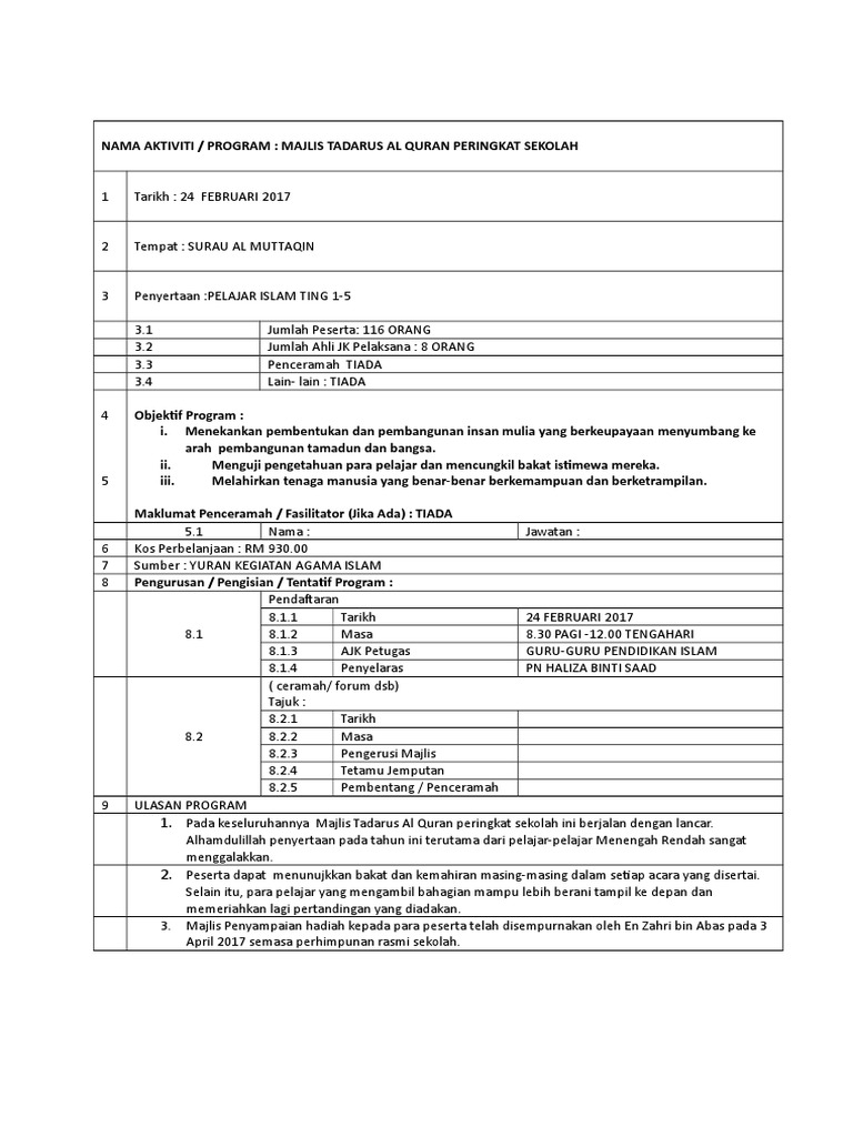 Laporan MTQ Sekolah 2017 | PDF
