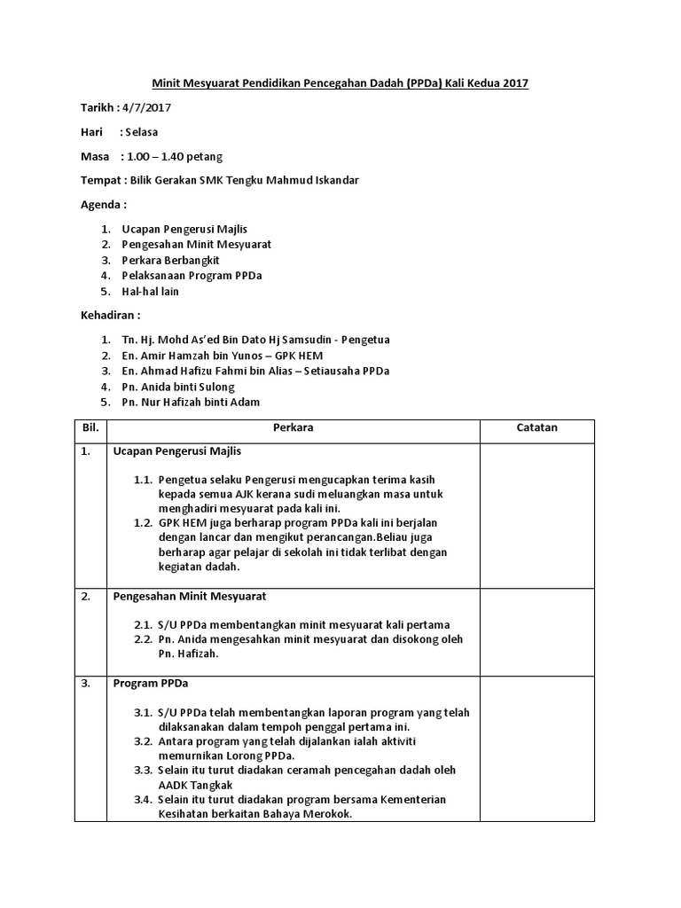 Minit Mesyuarat PPDa 2 2017 | PDF
