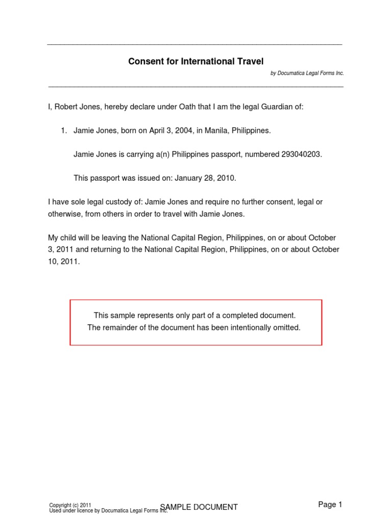Consent For International Travel: by Documatica Legal Forms Inc | PDF