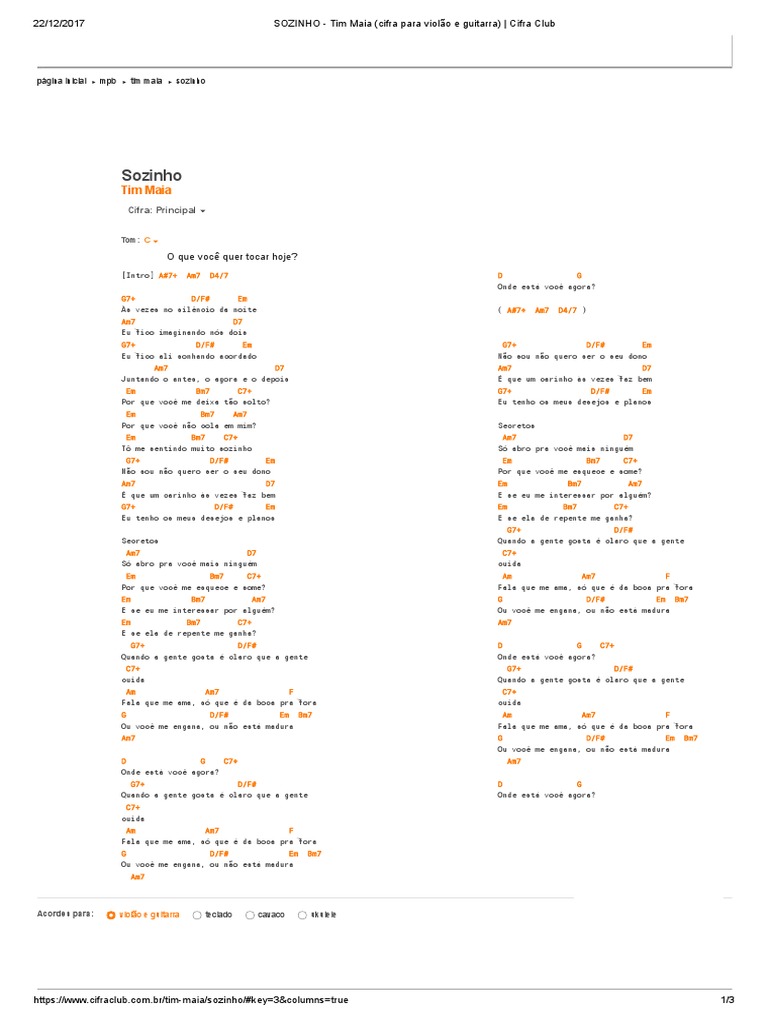 SOZINHO - Tim Maia (Cifra para Violão e Guitarra) - Cifra Club | PDF ...