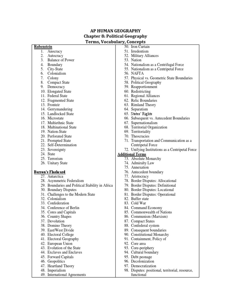 APHG Ch. 8 Political Geography Terms | PDF | Nation State | United ...