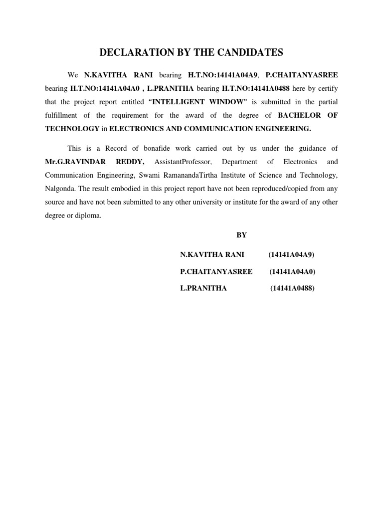 Declaration by The Candidates: Technology in Electronics and ...