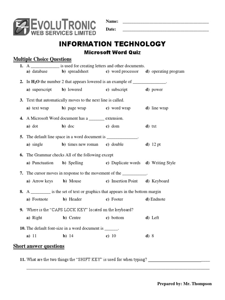 1 MS Word Quiz PDF | PDF | Computer Keyboard | Microsoft Word