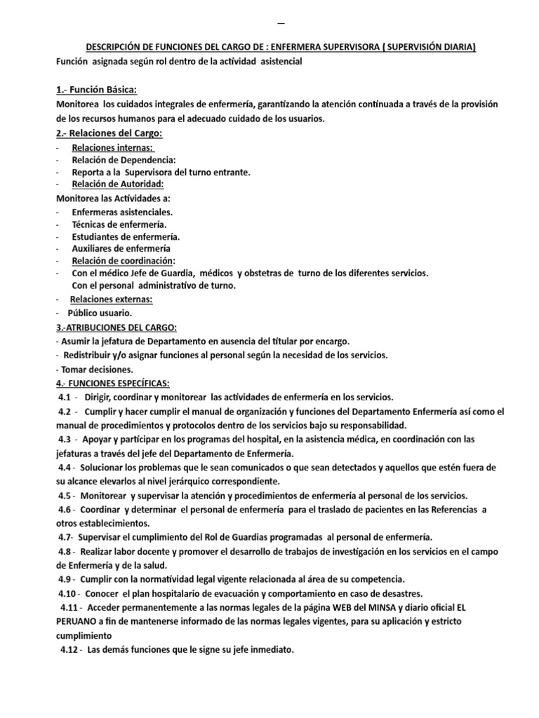 Funciones de Supervisoras- Rol Diario. | Enfermería | Hospital