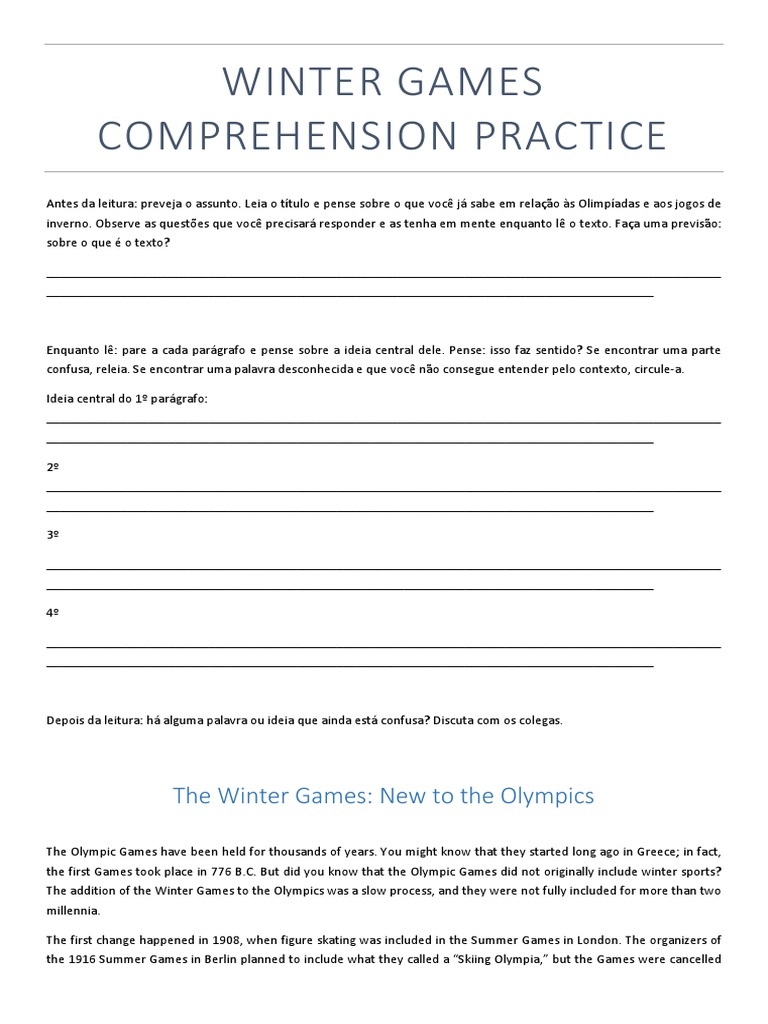Winter Games Comprehension Practice | PDF | Ice Sports | Winter Multi ...