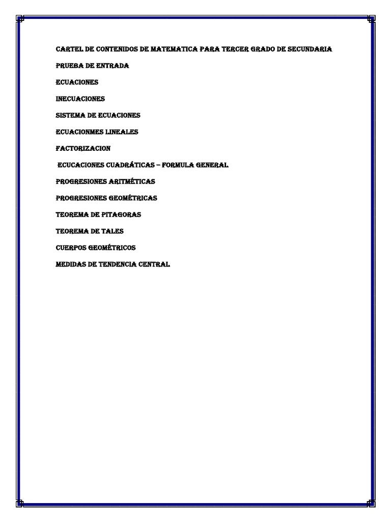 Cartel de Contenidos de Matematica para Tercer Grado de Secundaria | PDF