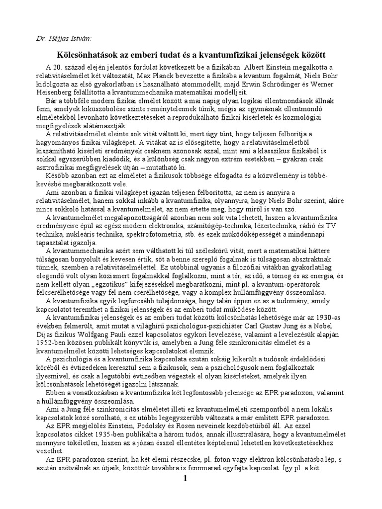 Kolcsonhatasok Az Emberi Tudat Es A Kvantumfizikai Jelensegek Kozott PDF | PDF