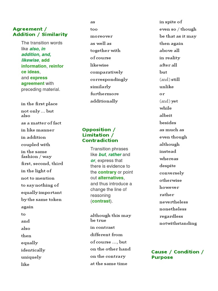 Agreement / Addition / Similarity: The Transition Words Like, ,, and ...