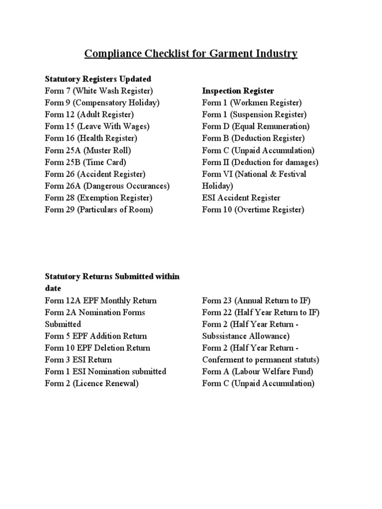 Compliance Checklist For Garment Industry | PDF | Toilet | Public Toilet