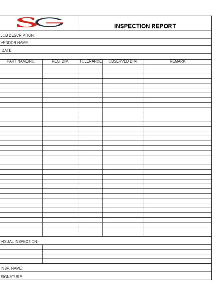 Inspection Report: Job Description: Vendor Name.: Date: Part Name/No ...