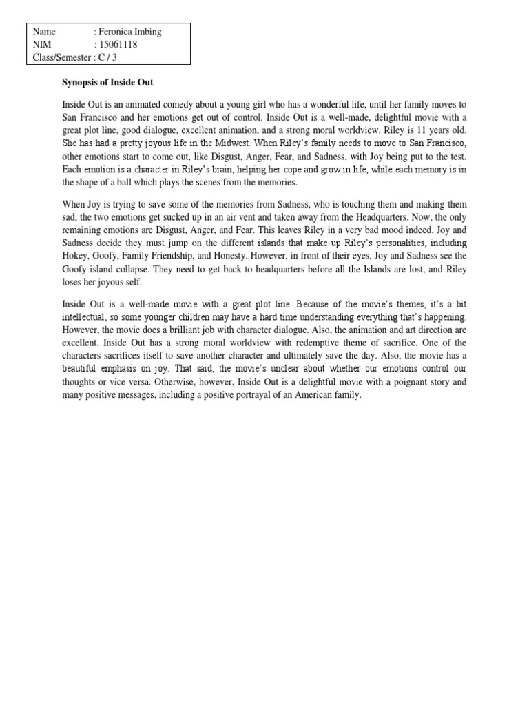 Assignment of English 3 Synopsis of Inside Out | PDF