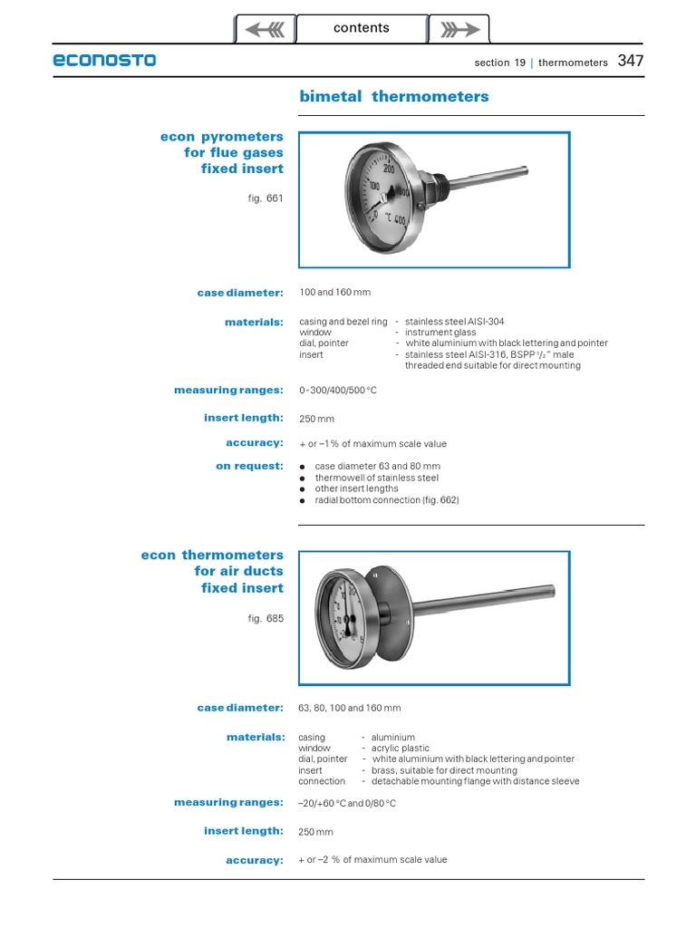 Bimetal Thermometers: Econ Pyrometers For Flue Gases Fixed Insert | PDF