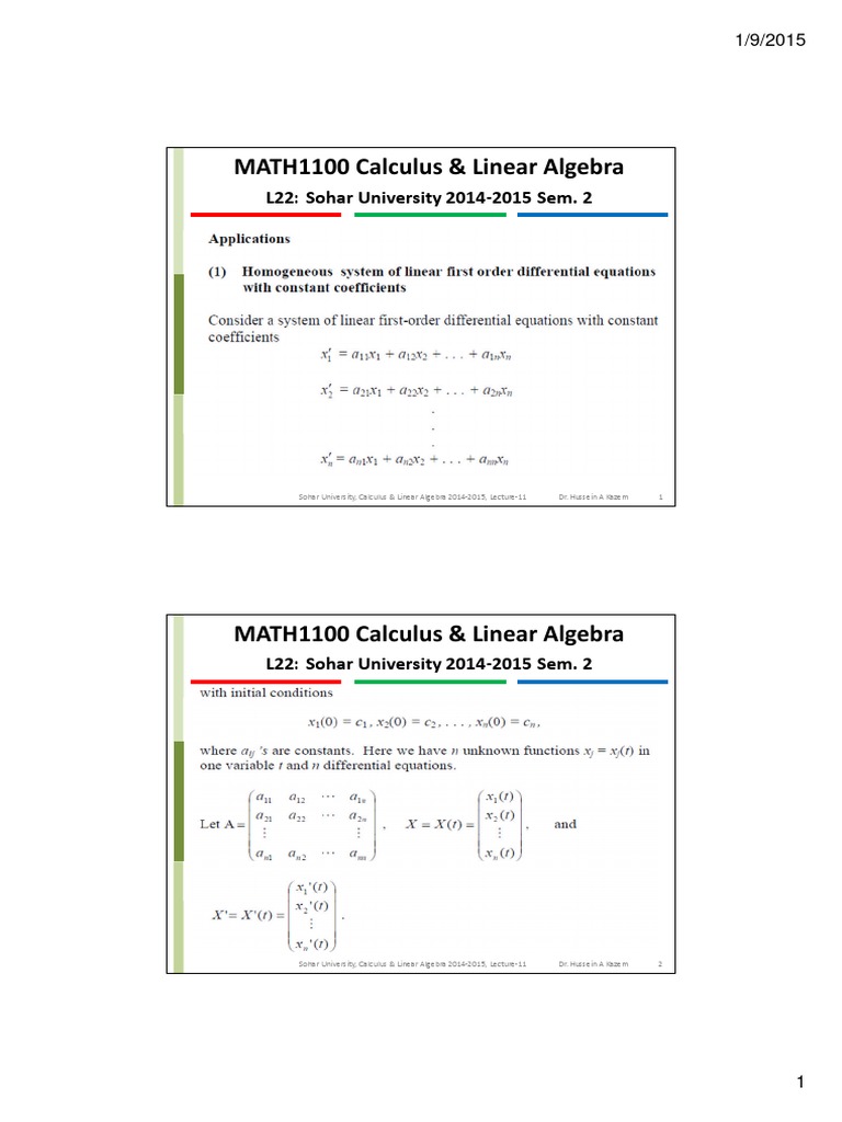 MATH1100 Calculus & Linear Algebra: L22: Sohar University 2014-2015 Sem ...