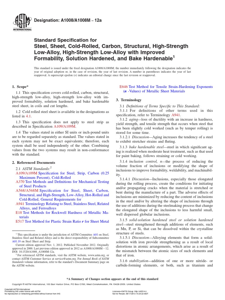Astm A1008.a1008m Rev A 2012 PDF | PDF | Strength Of Materials | Sheet ...