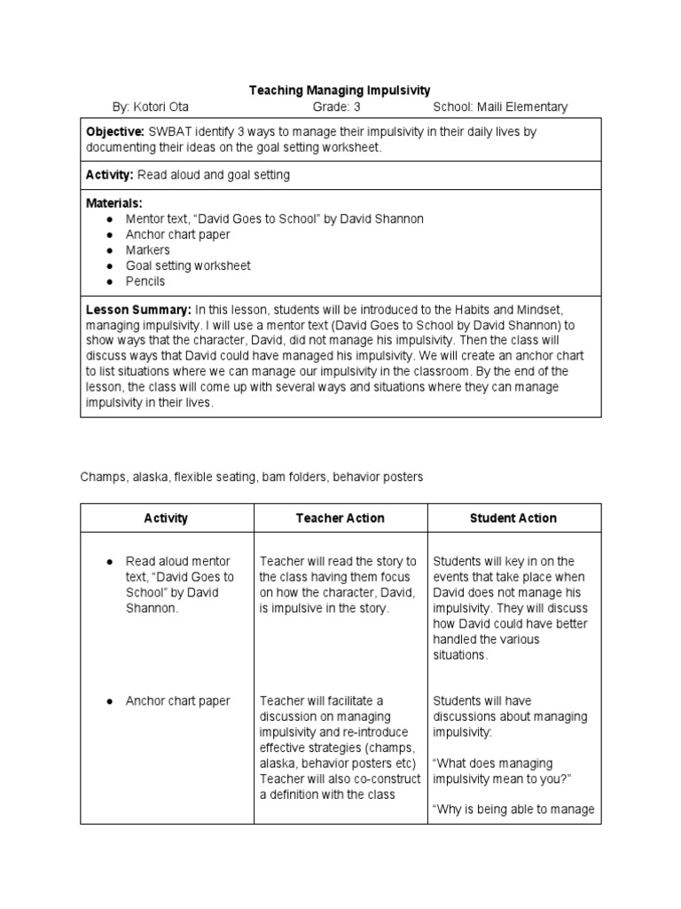 Teaching Managing Impulsivity Lesson Plan | PDF | Lesson Plan | Teachers