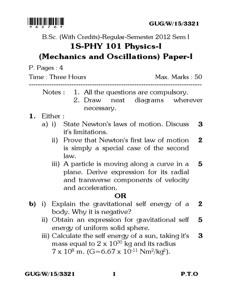 1S-PHY 101 Physics-I (Mechanics and Oscillations) Paper - I PDF | PDF | Force | Mass